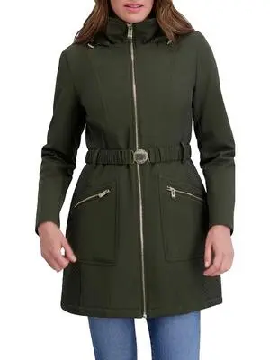 Kensie Soft Shell Hooded Belted Zip-Up Coat Olive