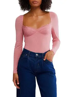 Free People Fine Lace Bodysuit - Glowing Mauve