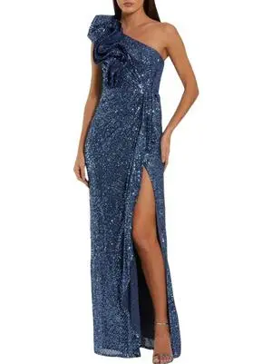 Mac Duggal Sequin One-shoulder Gown With Ruffle Detail - Ocean