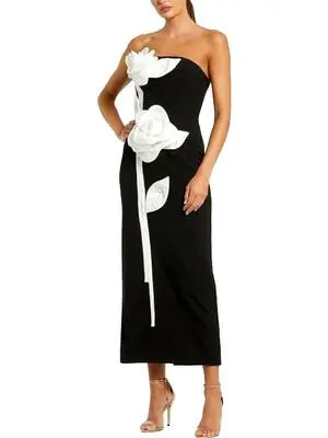Mac Duggal Strapless Crepe Ankle Dress With 3d Floral Appliqués - Black Ivory