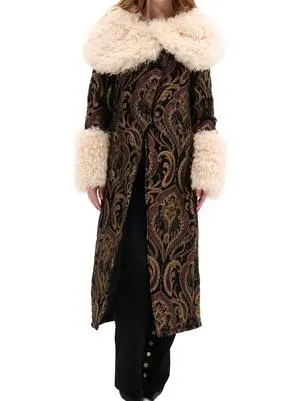 AZALEA WANG Otelia Jacquard Longline Coat With Faux Fur Trim - Black Multi