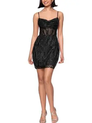 BLONDIE NITES Illusion Mesh Lace-up Glitter Minidress - Black