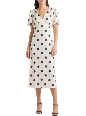 FRIENDS LIKE THESE Polka Dot Puff Sleeve Stretch Satin Midi Dress - Ivory/black