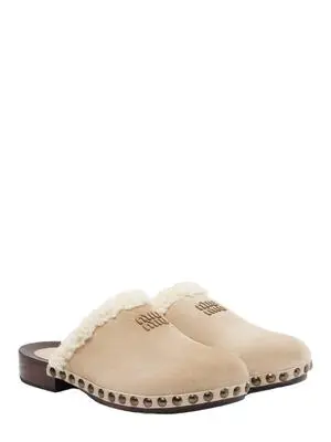 Miu Miu Shearling-lined Suede Clogs - Beige