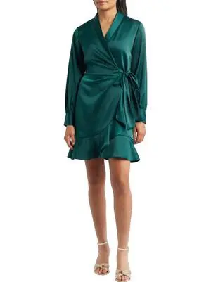 Anne Klein Long Sleeve Ruffle Hem Faux Wrap Minidress - Pine Forest