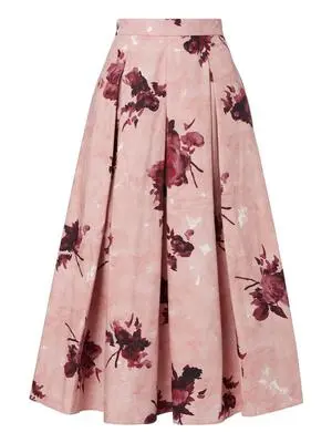 Erdem Floral Pleated Cotton Poplin Midi Skirt - Pink