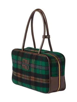 Miu Miu Beau Tartan Top-handle Bag With Leather Details - Black/billiard Green
