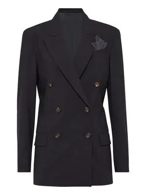 Brunello Cucinelli Tropical Luxury Wool Double-breasted Blazer - Black