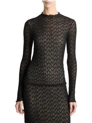 Vince Cotton-blend Diamond Lace Mock-neck Long-sleeve Top - Black
