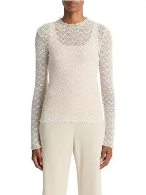 Vince Cotton-blend Diamond Lace Mock-neck Long-sleeve Top - Neutral