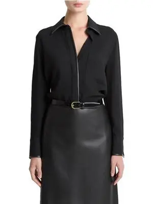 Vince Faux-leather-trim Crepe Button-front Shirt - Black
