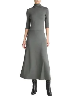 Vince Elbow-sleeve Turtleneck A-line Dress - Green