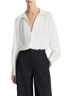 Vince Smocked Silk-blend Long-sleeve Blouse - White