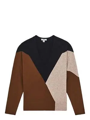 REISS V-neck Color-block Wool And Cashmere-blend Jumper - Toffee Brown Navy Neutra