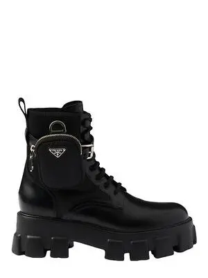 Prada Monolith Leather And Re-nylon Combat Boots With Pouch - Black