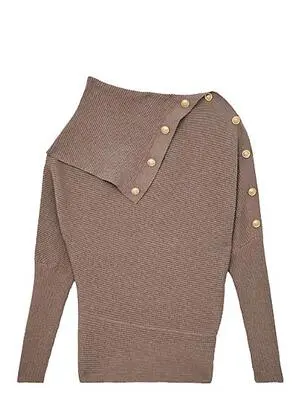 REISS Shawl-collar Button-embellished Stretch-knit Jumper - Taupe