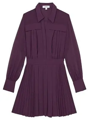 REISS Giselle Sheer-sleeve Pleated Woven Mini Dress - Burgundy