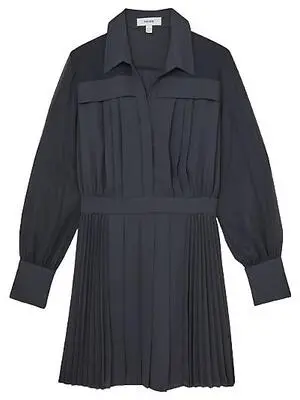 REISS Giselle Sheer-sleeve Pleated Woven Mini Dress - Navy