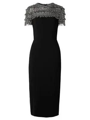 Carolina Herrera Crystal Embellished Tulle-trimmed Crepe Midi Dress - Black