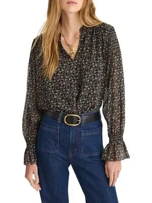 Madewell Semisheer Floral Split Neck Top - Jet Black