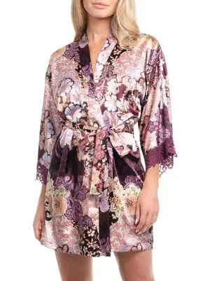 IN BLOOM BY JONQUIL Printed Lace Trim Satin Wrap - Plum