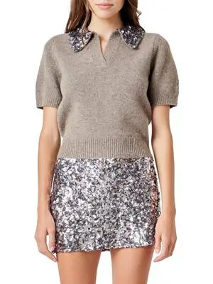 Endless Rose Sequin Collar Short Sleeve Sweater - Metal