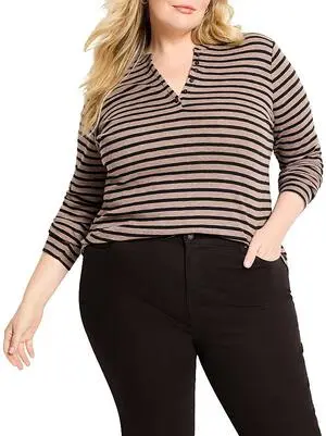 NIC+ZOE Striped Long Sleeve Henley Tee - Brown Multi
