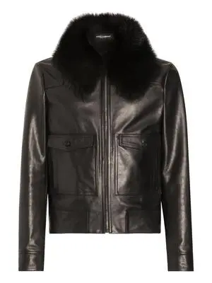 DOLCE & GABBANA Single-Breasted Leather Jacket With Fur Collar