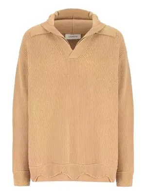 LANEUS Hooded Ribbed Knit Sweater - Brown
