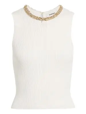 Sandro Crystal-embellished Ribbed-knit Top - White