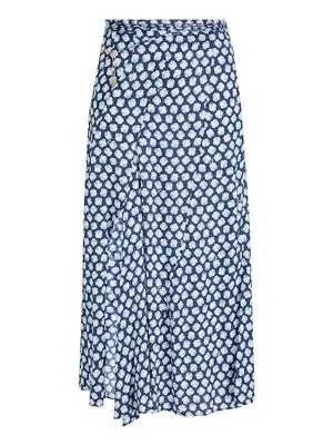 Maje Printed Satin Midi Skirt - Navy