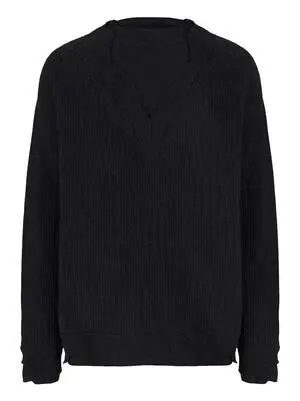 LANEUS Ribbed V-neck Sweater - Black