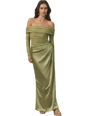 Bhldn Off-shoulder Long-sleeve Stretch Mesh Midi Dress - Thyme Leaf