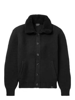 TOM FORD Bouclé-trimmed Ribbed Cashmere Cardigan - Black