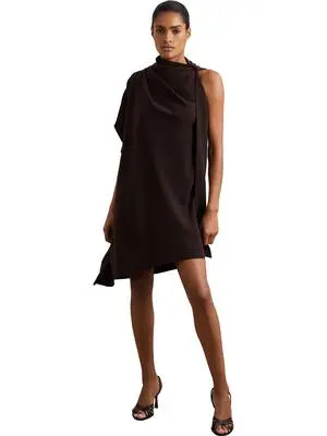 REISS Ellery One-shoulder Draped Mini Dress - Chocolate Brown