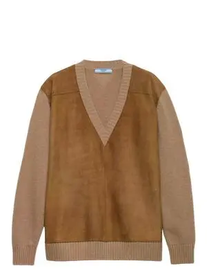 Prada Suede-panel V-neck Sweater - Brown