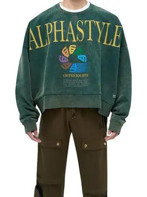 ALPHA STYLE Heavyweight French Terry Crewneck Sweatshirt Green