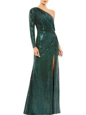 Mac Duggal Sequined One-shoulder Gown - Bottle Green