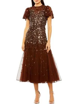 Mac Duggal Flutter Sleeve Beaded Tea-length Dress - Espresso