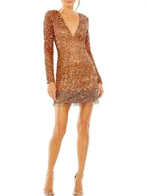 Mac Duggal Sequin V-neck Mini Dress With Fringe - Copper