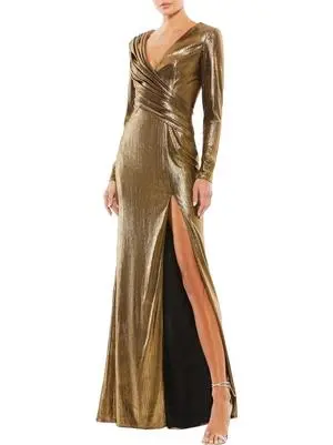 Mac Duggal Metallic Long Sleeve Asymmetrical Ruched Gown Gold-2