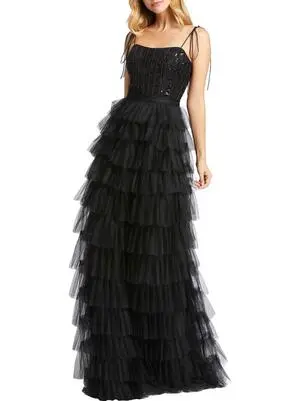 Mac Duggal Tiered Tulle Ruffle Gown With Sequin Bodice - Black