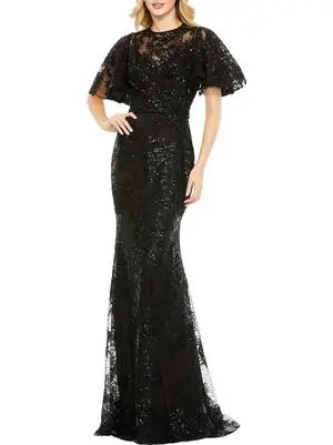 Mac Duggal Embellished Flutter Sleeve High Neck Gown - Black