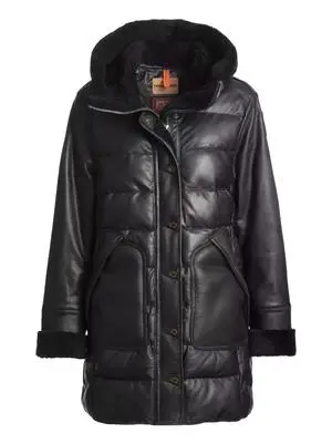 PARAJUMPERS Quilted Leather Hooded Coat - Black