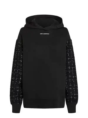 Karl Lagerfeld Tweed-sleeve Relaxed Fit Hoodie - Black