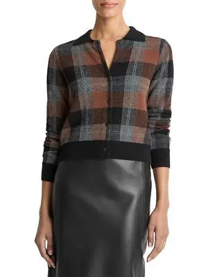 Vince Check Plaid Cashmere Polo Cardigan - Cocao/dark Heather