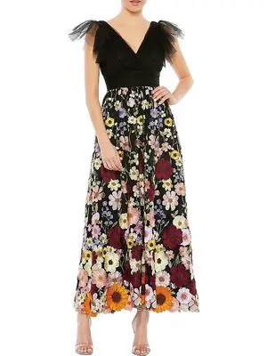 Mac Duggal Embroidered Ruched Flutter Sleeve A-line Dress - Black Multi