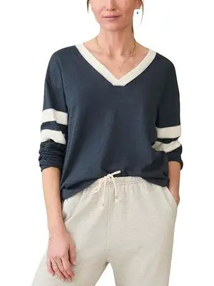 Faherty Brand Slub Varsity V-Neck Top Blue Night