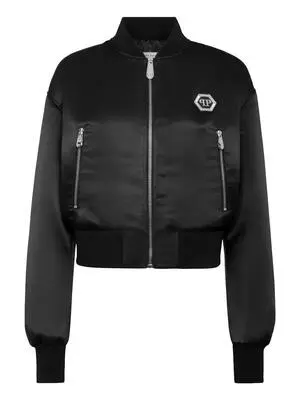 Philipp Plein Satin Bomber Jacket With Logo Plaque - Black