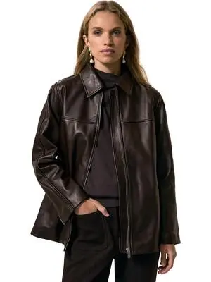 REISS Layla Longline Leather Jacket - Chocolate Brown